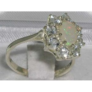 LetsBuyGold 925 Sterling Silver Real Genuine Opal and Aquamarine Womens Cluster Engagement Ring - Size 6