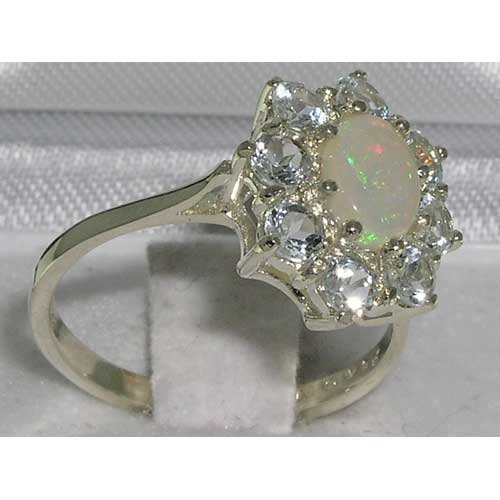 LetsBuyGold 925 Sterling Silver Real Genuine Opal and Aquamarine Womens Cluster Engagement Ring - Size 6