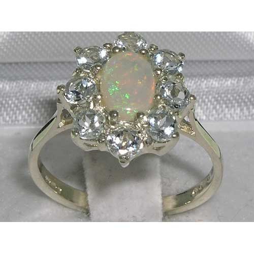 LetsBuyGold 925 Sterling Silver Real Genuine Opal and Aquamarine Womens Cluster Engagement Ring - Size 6