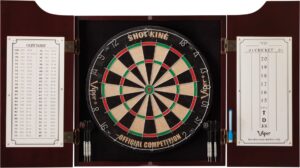 viper by gld products hudson all-in-one dart center: classic solid wood cabinet & official sisal/bristle dartboard bundle: standard set (shot king dartboard), mahogany finish, one size