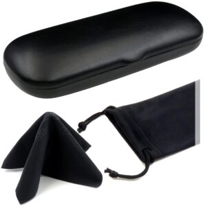 myeyeglasscase elegant black eyeglass case | hard slim glasses holder clam shell w/microfiber pouch and cloth | reading glasses case | small & protective (s5 black)