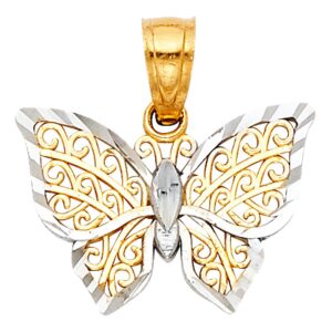 14k real two tone gold butterfly charm pendant