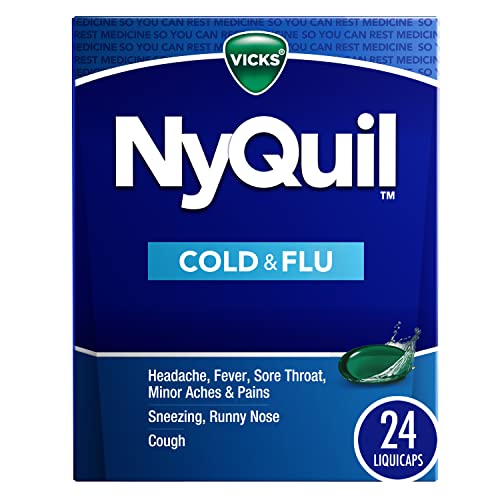 Vicks NyQuil Cold and Flu Relief Liquid Medicine, Powerful Multi-Symptom Nighttime Relief for Headache, Fever, Sore Throat, Minor Aches and Pains, Sneezing, Runny Nose, and Cough, 24 Liquicaps