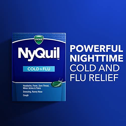 Vicks NyQuil Cold and Flu Relief Liquid Medicine, Powerful Multi-Symptom Nighttime Relief for Headache, Fever, Sore Throat, Minor Aches and Pains, Sneezing, Runny Nose, and Cough, 24 Liquicaps