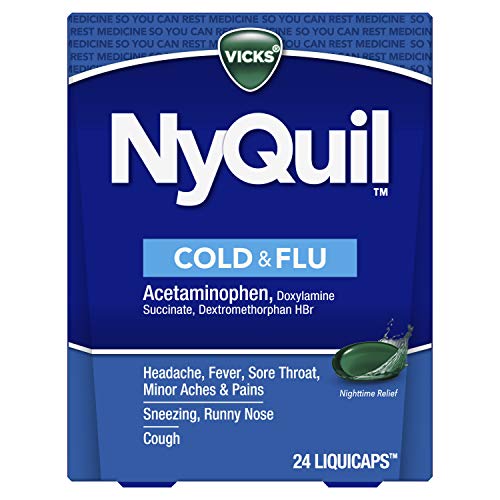 Vicks NyQuil Cold and Flu Relief Liquid Medicine, Powerful Multi-Symptom Nighttime Relief for Headache, Fever, Sore Throat, Minor Aches and Pains, Sneezing, Runny Nose, and Cough, 24 Liquicaps