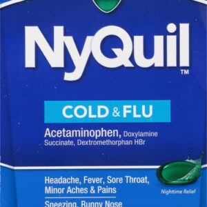 Vicks NyQuil Cold and Flu Relief Liquid Medicine, Powerful Multi-Symptom Nighttime Relief for Headache, Fever, Sore Throat, Minor Aches and Pains, Sneezing, Runny Nose, and Cough, 24 Liquicaps