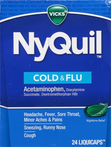 Vicks NyQuil Cold and Flu Relief Liquid Medicine, Powerful Multi-Symptom Nighttime Relief for Headache, Fever, Sore Throat, Minor Aches and Pains, Sneezing, Runny Nose, and Cough, 24 Liquicaps