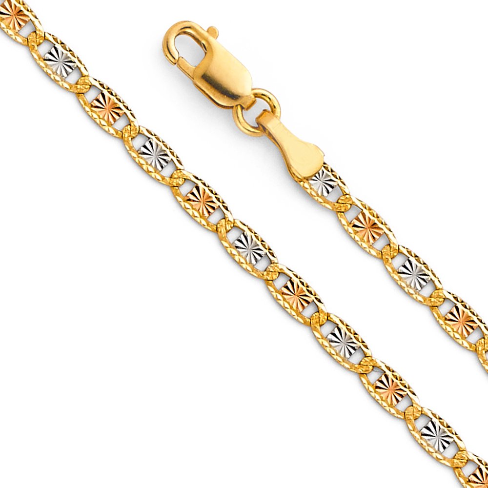 14k REAL Tri Color Gold Solid 2.5mm Star/Edge Diamond Cut Chain Necklace with Lobster Claw Clasp - 18"