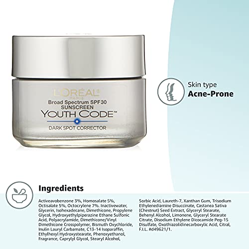 Dark Spot Corrector Face Moisturizer with SPF 30 for Even Skin Tone by L’Oreal Paris, Youth Code Anti-Aging Day Cream, Non-greasy, 1.7 oz.