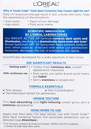 Dark Spot Corrector Face Moisturizer with SPF 30 for Even Skin Tone by L’Oreal Paris, Youth Code Anti-Aging Day Cream, Non-greasy, 1.7 oz.