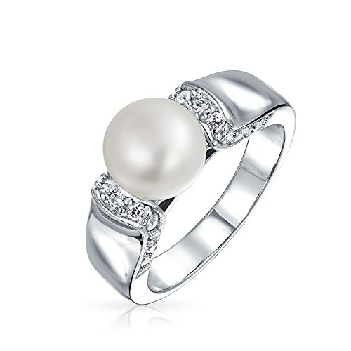 Bling Jewelry Art Deco Style Pave CZ Solitaire White Freshwater Cultured Pearl Engagement Ring For Women Silver Plated Brass