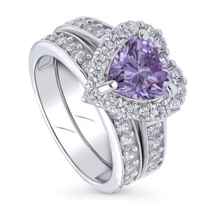 berricle sterling silver halo wedding engagement rings purple cubic zirconia cz statement heart ring set for women, rhodium plated size 8