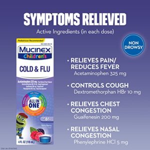 Cold, Cough, and Sore Throat, Mucinex Children's Cold, Cough, & Sore Throat Liquid, Mixed Berry, 4oz (Packaging May Vary) Controls Cough, Relieves Nasal & Chest Congestion, Thins & Soothes Sore Throat