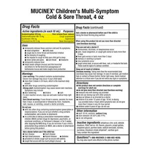 Cold, Cough, and Sore Throat, Mucinex Children's Cold, Cough, & Sore Throat Liquid, Mixed Berry, 4oz (Packaging May Vary) Controls Cough, Relieves Nasal & Chest Congestion, Thins & Soothes Sore Throat