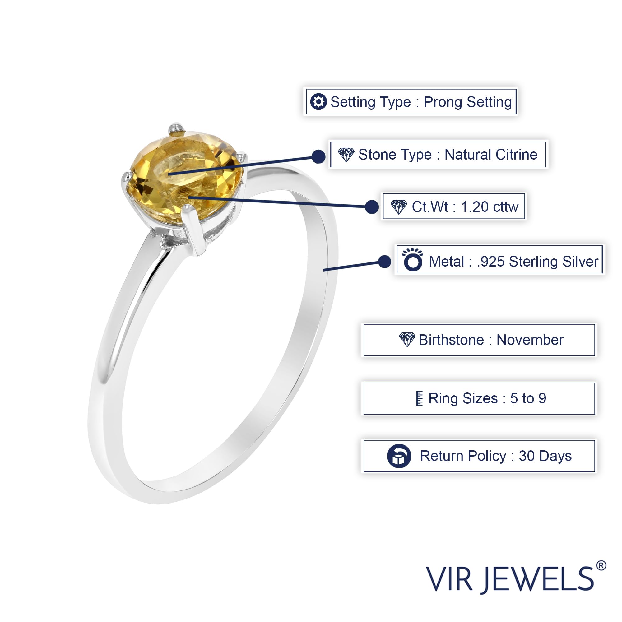 VIR JEWELS 1.20 cttw Citrine Ring .925 Sterling Silver with Rhodium Solitaire Round 6 MM Size 7