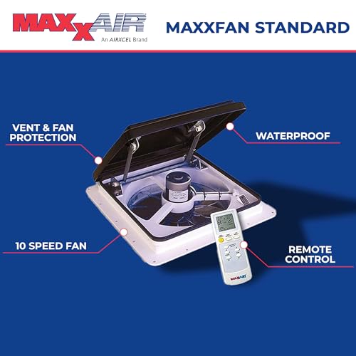 MAXXAIR Maxxfan Plus High Powered 10-Speed RV Intake and Exhaust Fan - Manual or Remote Control Electric Opening, Easy Ceiling Controls, Rain Sensor with Automatic Lid Closure, Smoke (00-04500K)