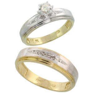 10k yellow gold 2-piece diamond wedding engagement ring set for him and her, 5mm & 6mm wide, size 10