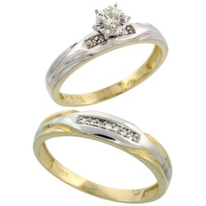 10k yellow gold 2-piece diamond wedding engagement ring set for him and her, 3.5mm & 4.5mm wide, size 10