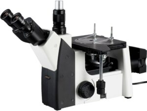 amscope me1200tb inverted trinocular metallurgical microscope, 50x-1000x magnification, pl10x and pl20x eyepieces, polarizing condenser, brightfield and polarizing led illumination with rheostat, large double-layer mechanical stage, 90-240v