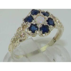 LetsBuyGold 925 Sterling Silver Real Genuine Opal and Sapphire Womens Cluster Engagement Ring - Size 6