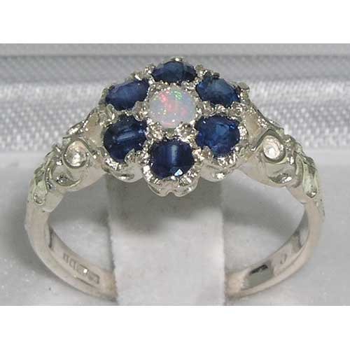 LetsBuyGold 925 Sterling Silver Real Genuine Opal and Sapphire Womens Cluster Engagement Ring - Size 6