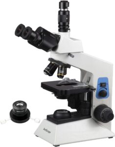 amscope t580b-dk professional compound trinocular microscope, wf10x and wf20x high-point plan eyepieces, 40x-2000x magnification, brightfield/darkfield, halogen illumination, abbe condenser, double-layer mechanical stage, high-contrast optics, anti-mold