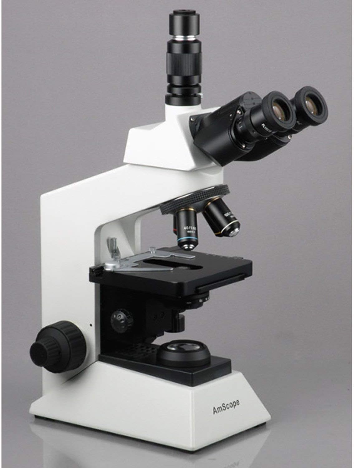 AmScope T580B-DK Professional Compound Trinocular Microscope, WF10x and WF20x High-Point Plan Eyepieces, 40X-2000X Magnification, Brightfield/Darkfield, Halogen Illumination, Abbe Condenser, Double-Layer Mechanical Stage, High-Contrast Optics, Anti-Mold