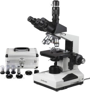 amscope t490a-pcs compound trinocular microscope, wf10x and wf16x eyepieces, 40x-1600x magnification, brightfield, halogen illumination, abbe condenser, double-layer mechanical stage, sliding head, high-resolution optics, includes 3 phase-contrast objecti