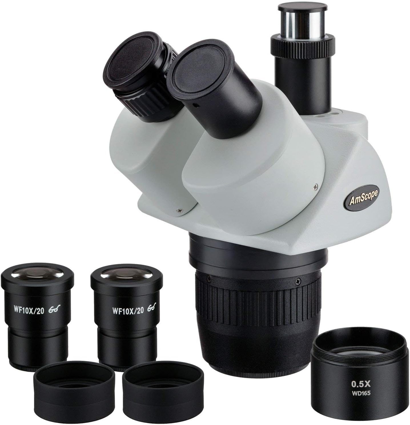 AmScope SW24TX Trinocular Stereo Microscope Head, WH10x Eyepieces, 10X/20X/40X Magnification, 2X/4X Objective, Includes 0.5x Barlow Lens