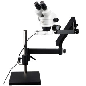 amscope sm-7by-frl professional binocular stereo zoom microscope, wh10x eyepieces, 7x-90x magnification, 0.7x-4.5x zoom objective, 8w fluorescent ring light, articulating-arm boom stand, 110v-120v, includes 2.0x barlow lens