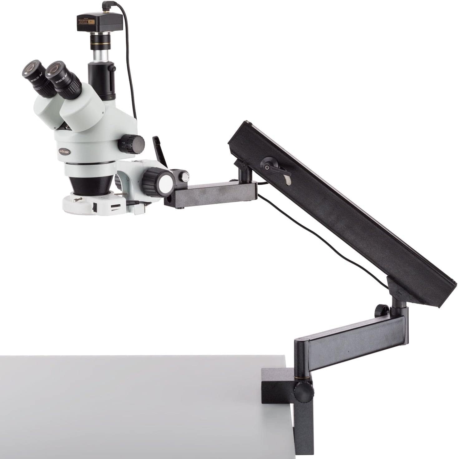 AmScope SM-6TPZ-64S-5M Digital Professional Trinocular Stereo Zoom Microscope with Simultaneous Focus Control, WH10x Eyepieces, 3.5X-90X Magnification, 0.7X-4.5X Zoom Objective, 64-Bulb LED Ring Light, Clamping Articulating Arm Stand, 110V-240V, Includes