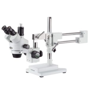 amscope sm-4tpy professional trinocular stereo zoom microscope with simultaneous focus control, wh10x eyepieces, 7x-90x magnification, 0.7x-4.5x zoom objective, ambient lighting, double-arm boom stand, includes 2.0x barlow lens