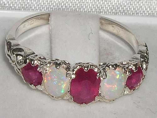 LetsBuyGold 925 Sterling Silver Real Genuine Ruby and Opal Womens Band Ring - Size 11