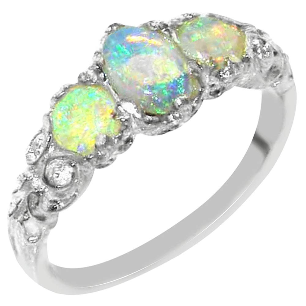 LetsBuyGold 925 Sterling Silver Real Genuine Opal Womens Trilogy Engagement Ring - Size 6