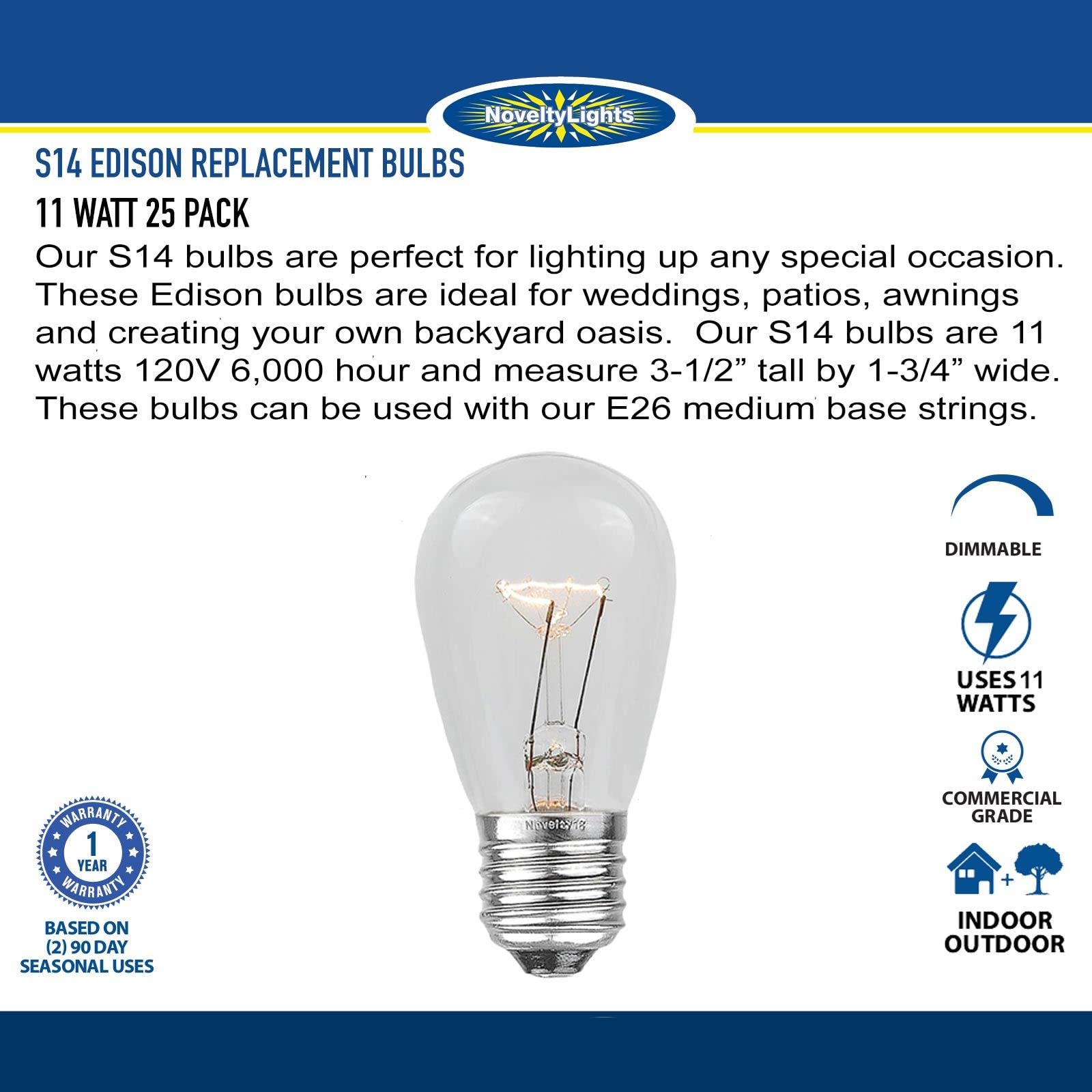 Novelty Lights 25 Pack S14 Outdoor Patio Edison Replacement Bulbs, E27 Medium Base, Multi, 11 Watt