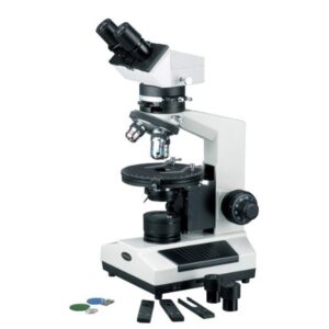 amscope pz200bb polarizing binocular microscope, wf10x and wf20x eyepieces, 40x-800x magnification, strain-free plan achromatic objectives, polarizing and brightfield configurations, halogen illumination, bertrand lens, abbe condenser, round graduated sta