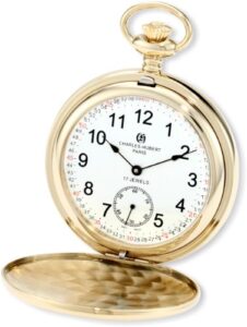 charles-hubert, paris 3907-grr premium collection gold-plated stainless steel polished finish double hunter case mechanical pocket watch