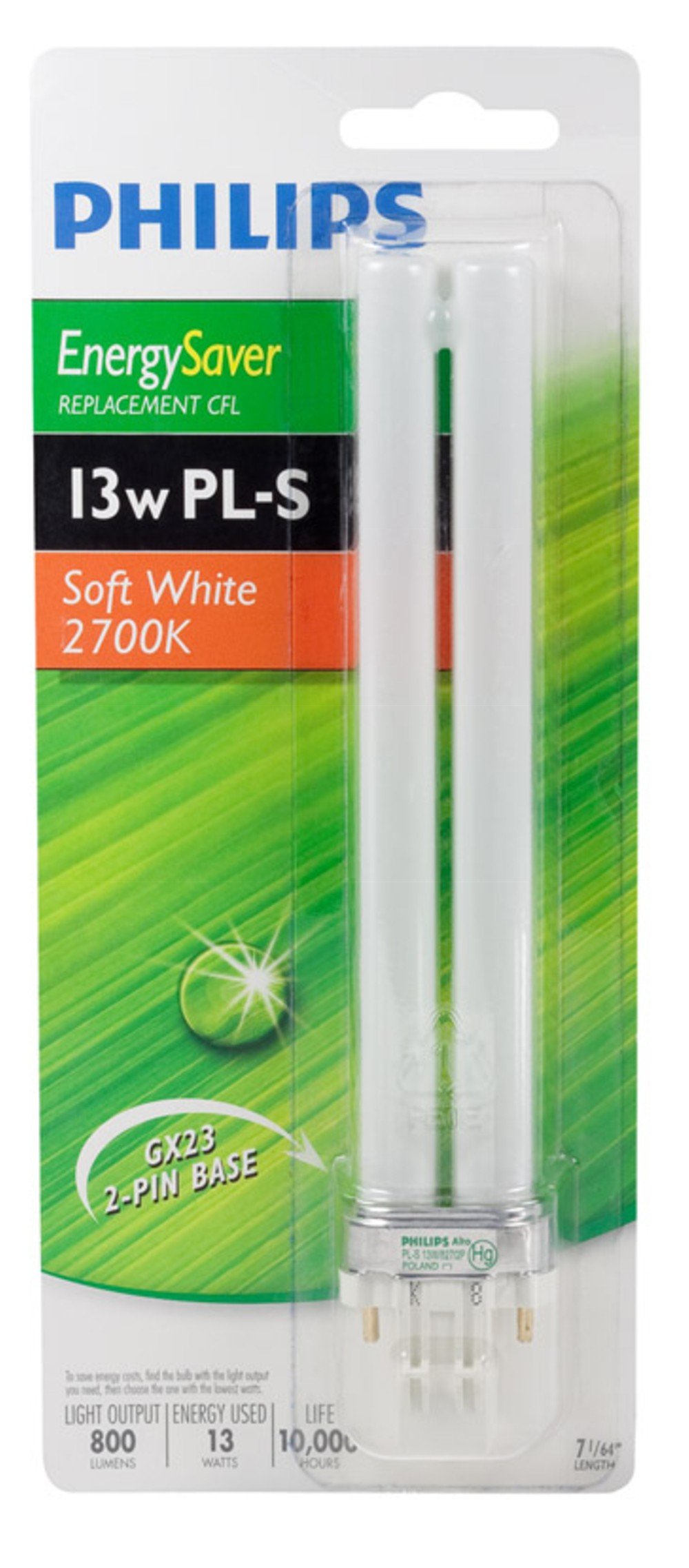 PHILIPS LED 230102 Energy Saver PL-S 13-Watt Compact Fluorescent Light Bulb, Soft White, GX23 2-Pin Base