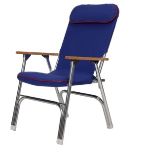 seachoice high-back canvas folding chair, blue w/red trim, folds for easy storage