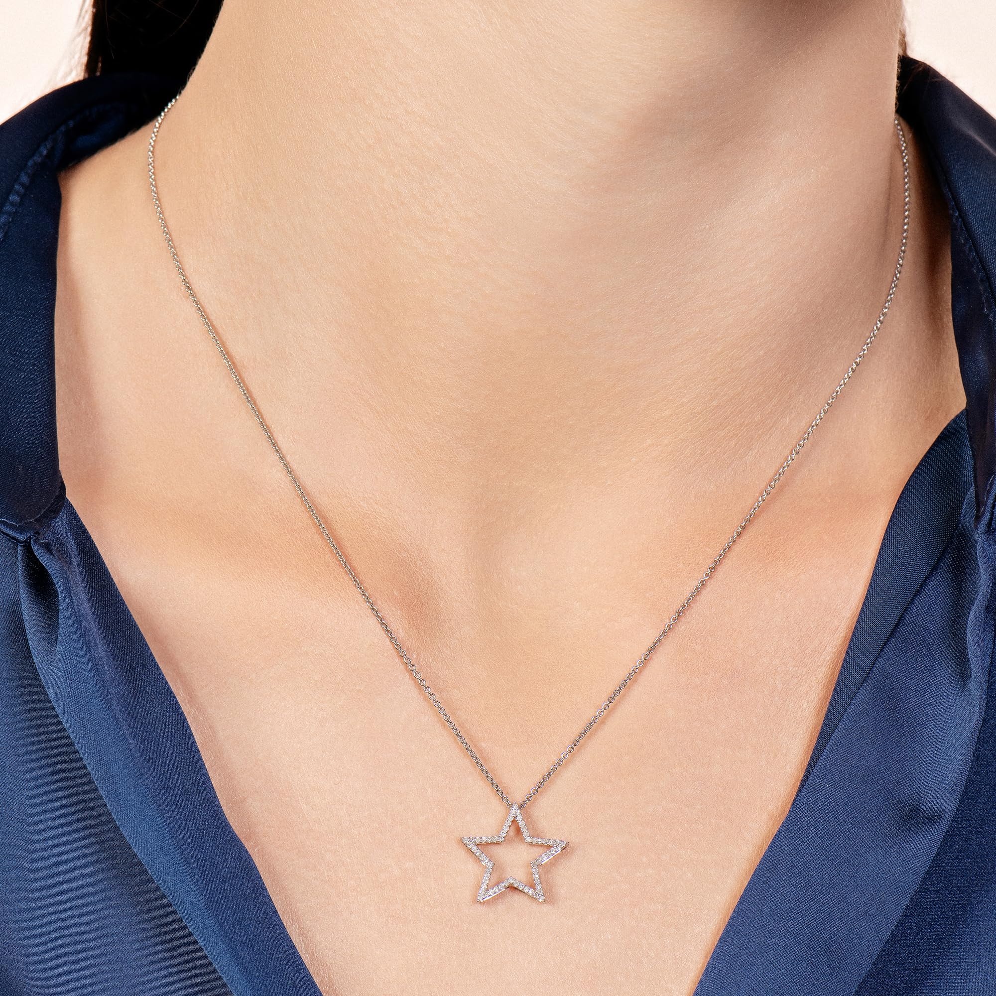 Jewelili Star Pendant Necklace in Sterling Silver 1/5 Cttw Natural White Round Diamonds 18" Rolo Chain