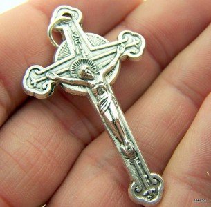 Religious Gifts Silver Tone Greek Orthodox Jesus Christ Cross Crucifix Pendant, 1 3/4 Inch