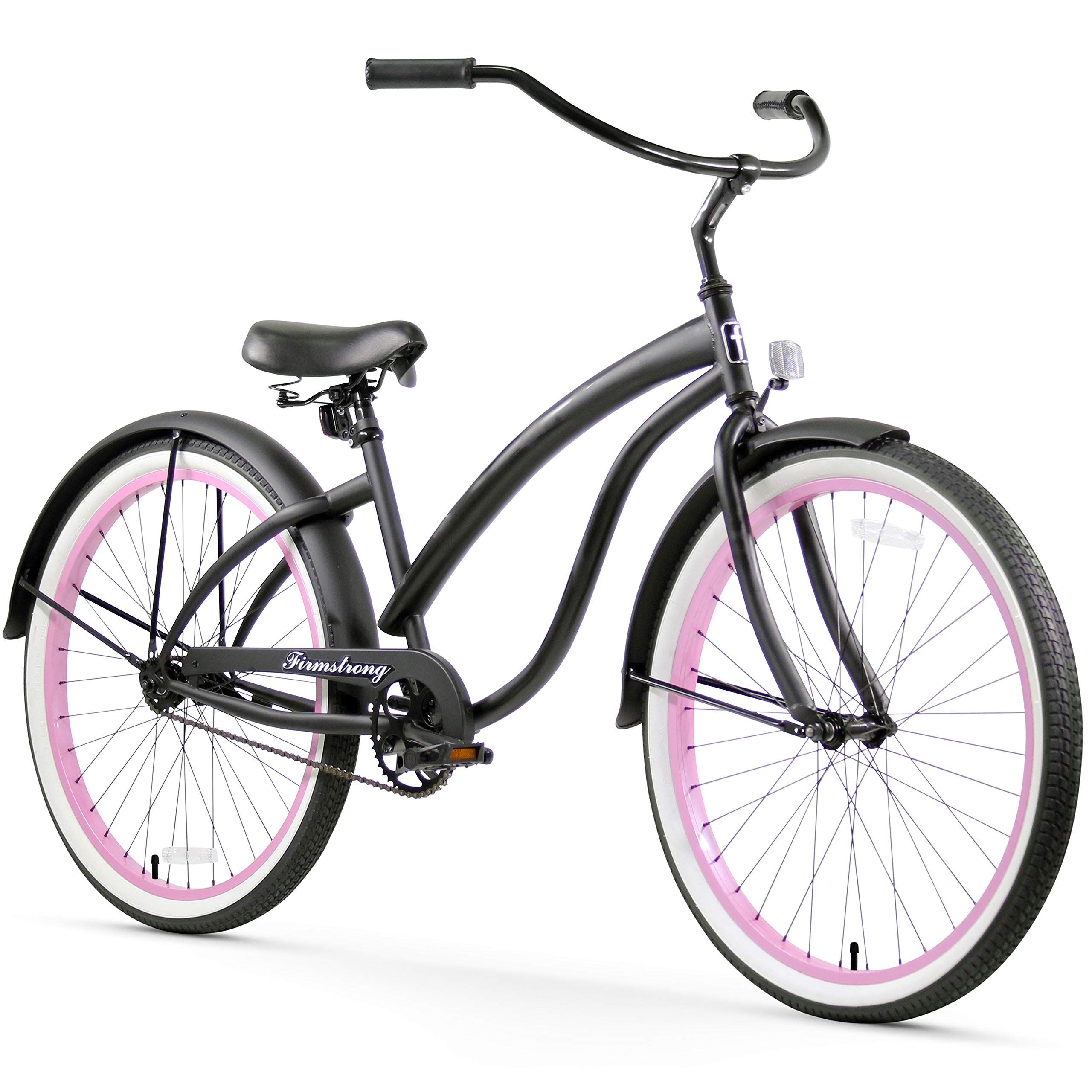 Firmstrong Bella Fashionista Women's Beach Cruiser Bicycle, Single Speed Bicycle, 26 Inch Wheels, Matte Black with Pink Rims