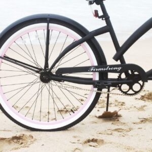 Firmstrong Bella Fashionista Women's Beach Cruiser Bicycle, Single Speed Bicycle, 26 Inch Wheels, Matte Black with Pink Rims