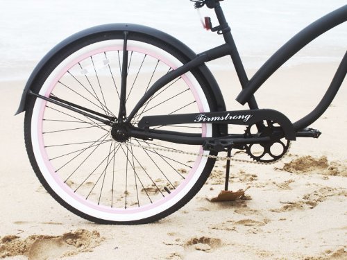 Firmstrong Bella Fashionista Women's Beach Cruiser Bicycle, Single Speed Bicycle, 26 Inch Wheels, Matte Black with Pink Rims