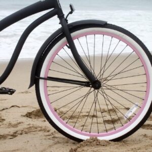 Firmstrong Bella Fashionista Women's Beach Cruiser Bicycle, Single Speed Bicycle, 26 Inch Wheels, Matte Black with Pink Rims