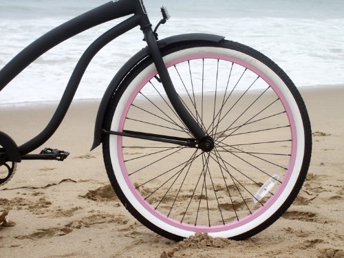 Firmstrong Bella Fashionista Women's Beach Cruiser Bicycle, Single Speed Bicycle, 26 Inch Wheels, Matte Black with Pink Rims