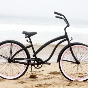 Firmstrong Bella Fashionista Women's Beach Cruiser Bicycle, Single Speed Bicycle, 26 Inch Wheels, Matte Black with Pink Rims