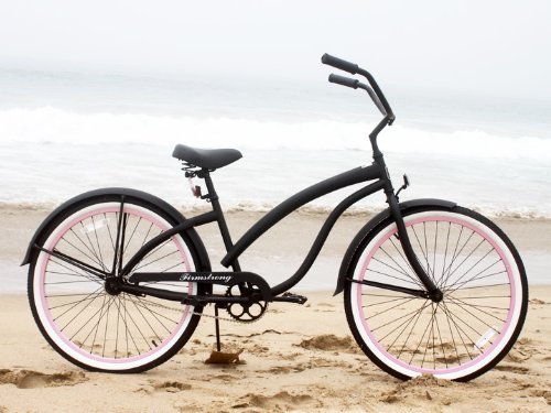 Firmstrong Bella Fashionista Women's Beach Cruiser Bicycle, Single Speed Bicycle, 26 Inch Wheels, Matte Black with Pink Rims