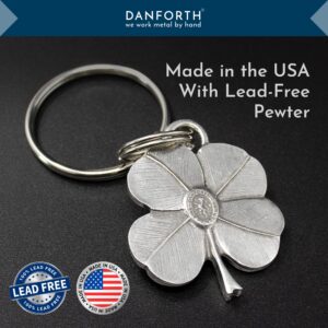 DANFORTH Four Leaf Clover Keychain (Green), Handcrafted Pewter, 1 ½” Tall and 1 ¼” Wide, Made In USA