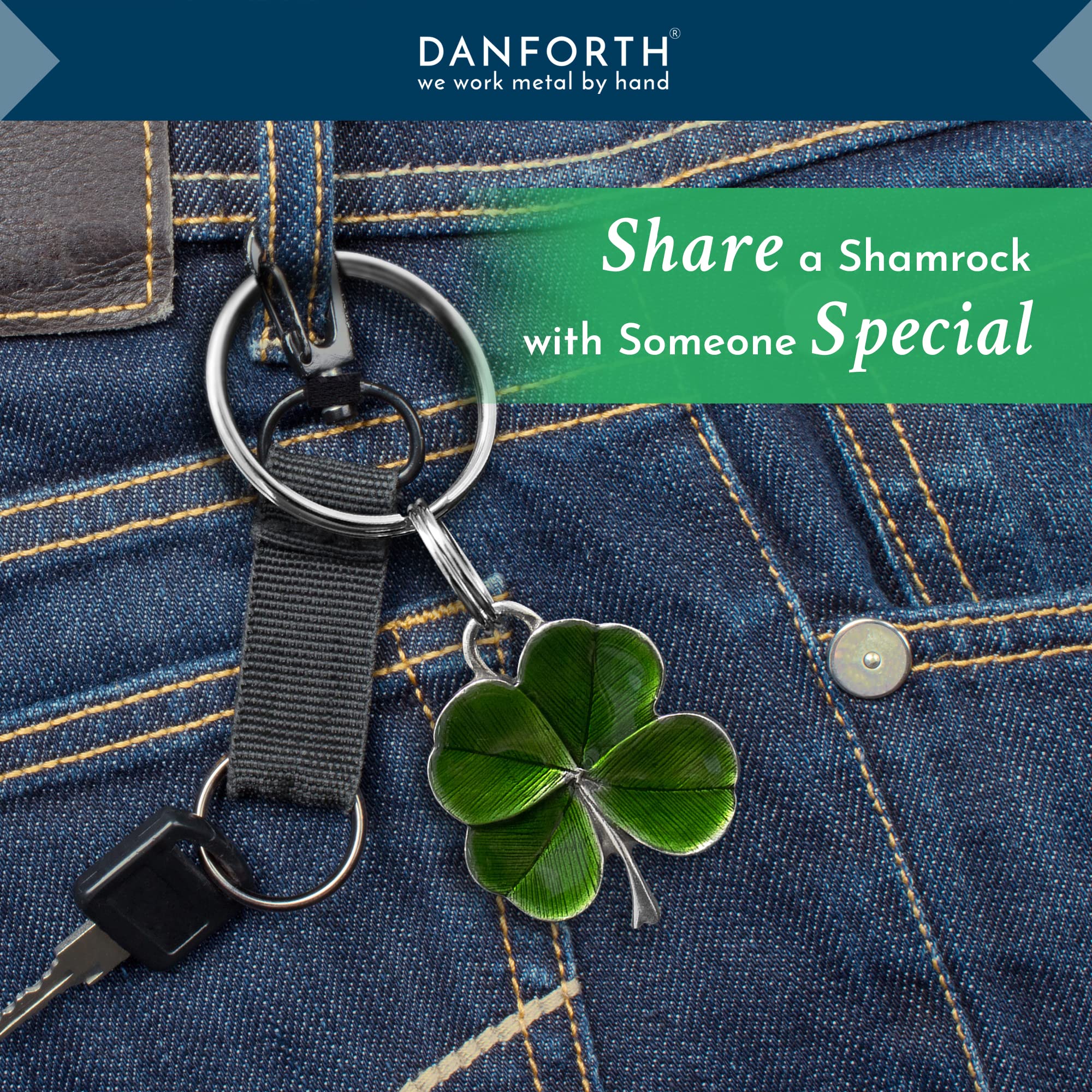 DANFORTH Four Leaf Clover Keychain (Green), Handcrafted Pewter, 1 ½” Tall and 1 ¼” Wide, Made In USA